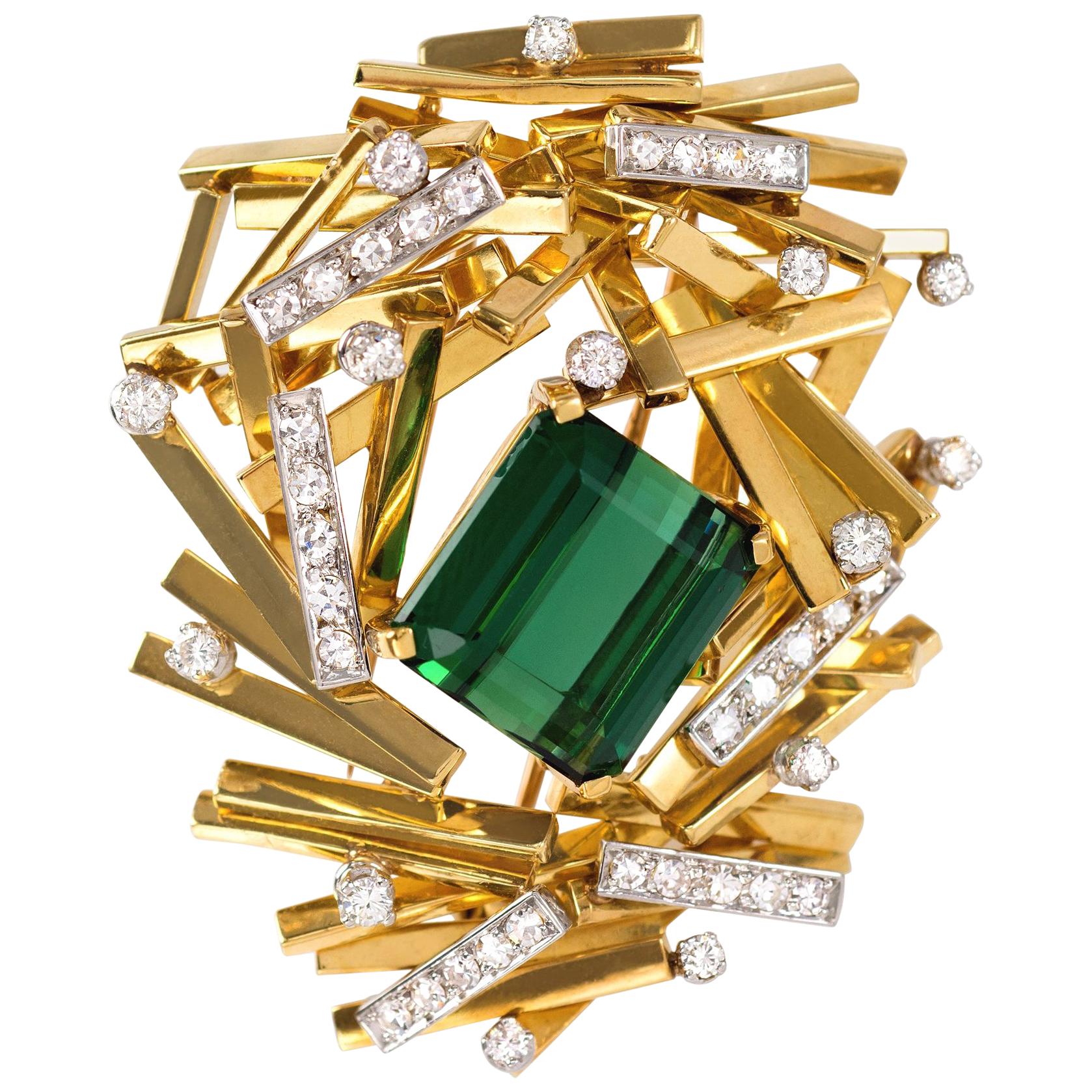 1970s H. Stern Modernist Diamond Tourmaline Gold and Platinum Brooch at ...