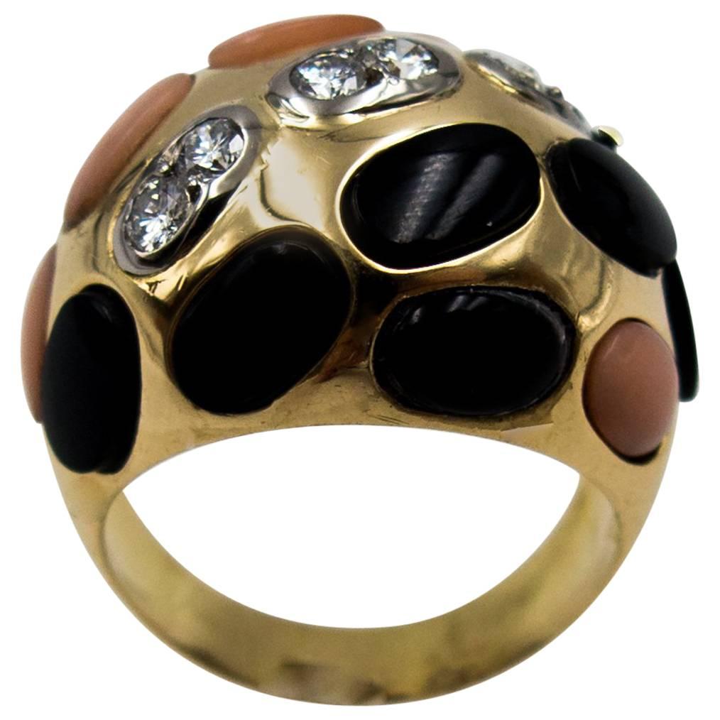 Bold French Angelskin Coral Onyx Diamond Dome Ring at 1stDibs