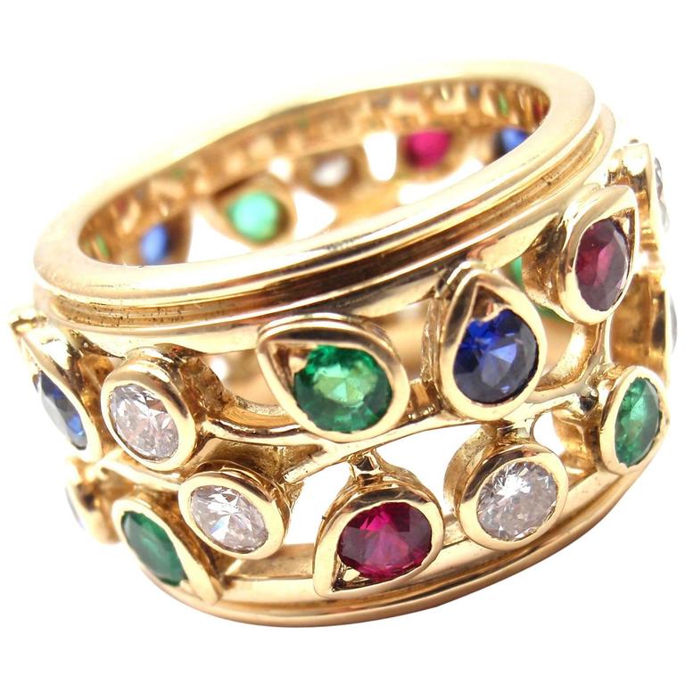 Cartier Diamond Sapphire Emerald Ruby Wide Yellow Gold Band Ring For ...