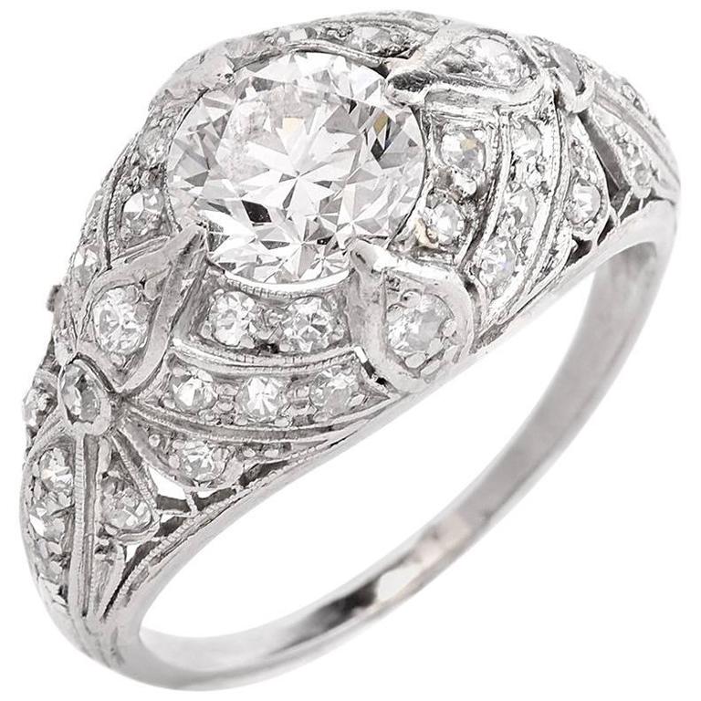 1920s Filigree Diamond Platinum Dome Shape Engagement Ring at 1stDibs ...