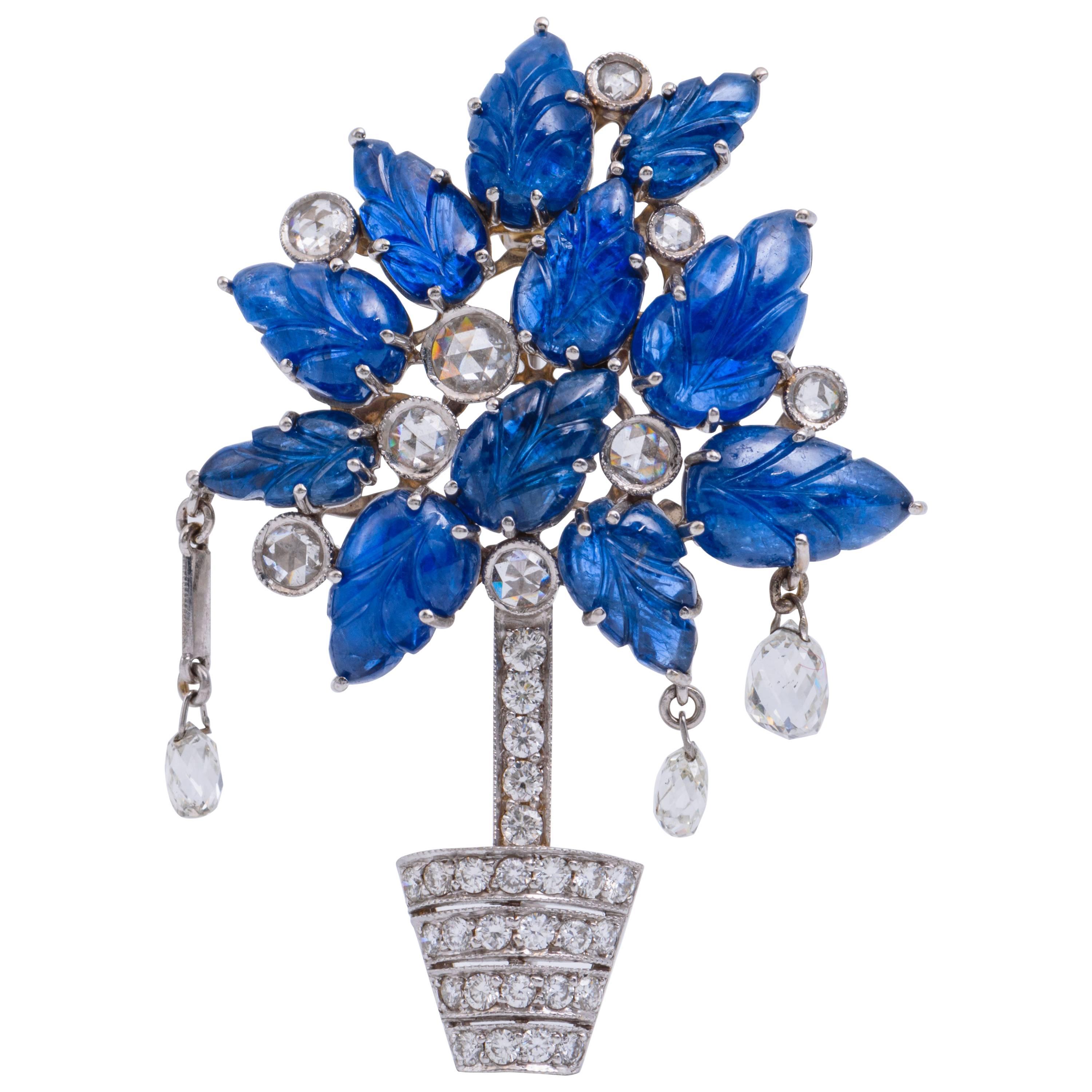 Briolette Sapphire Diamond Plant Pin For Sale at 1stDibs