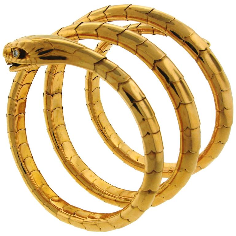 1950s Yellow Gold Spiral Snake Bangle Bracelet at 1stDibs