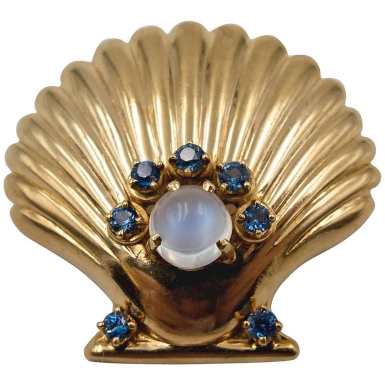 Charming Moonstone and Montana Sapphire Shell Pin For Sale at 1stDibs ...