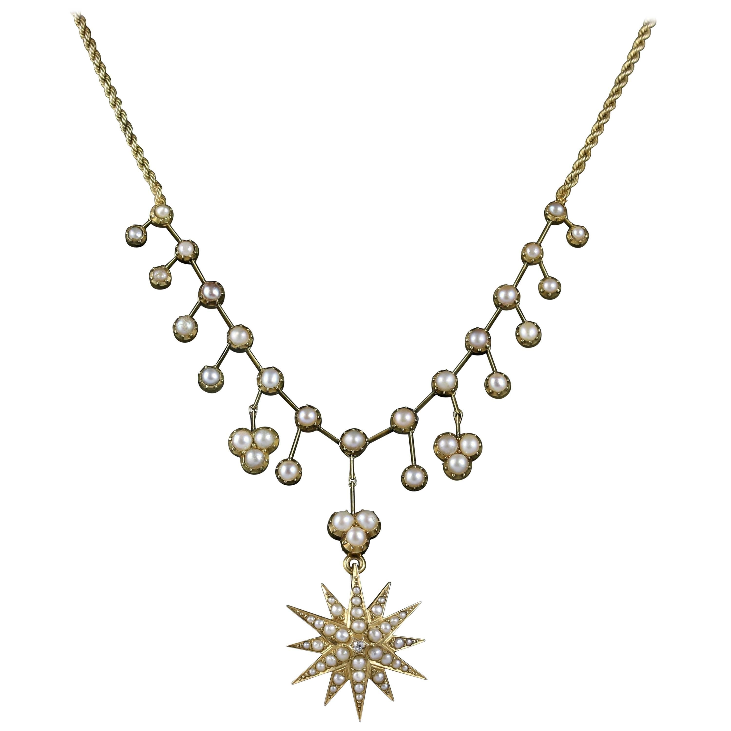 Antique Victorian Pearl Diamond Necklace 15 Carat Gold For Sale at ...