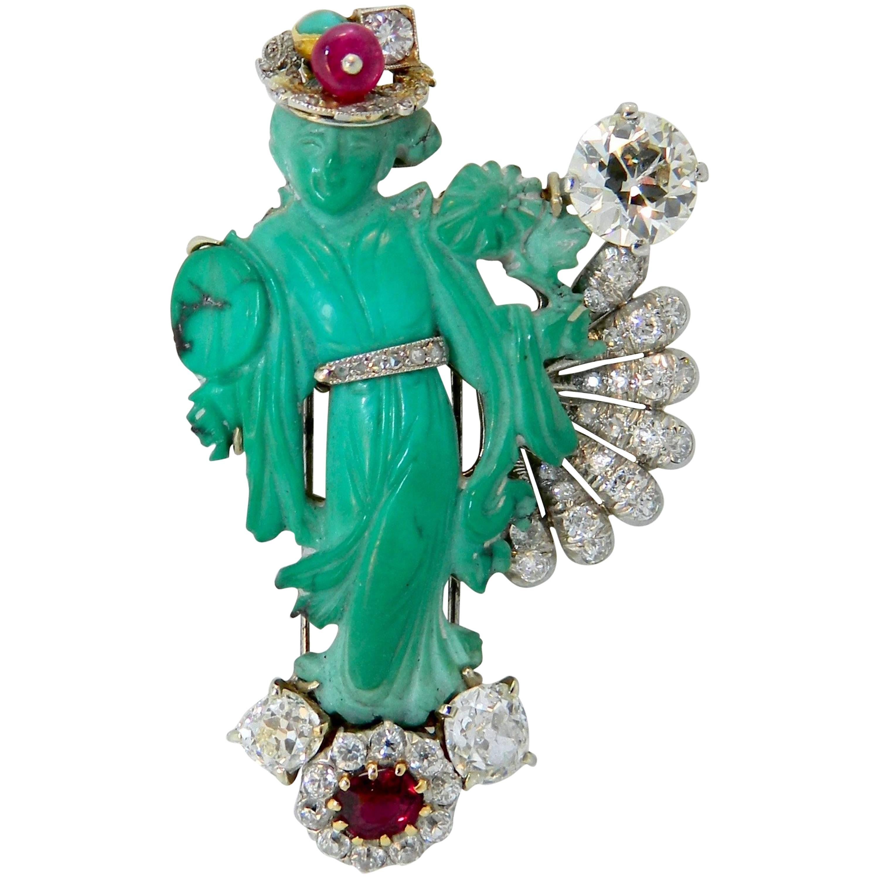 1950s Seaman Schepps Carved Turquoise Burma Ruby Diamond Platinum ...