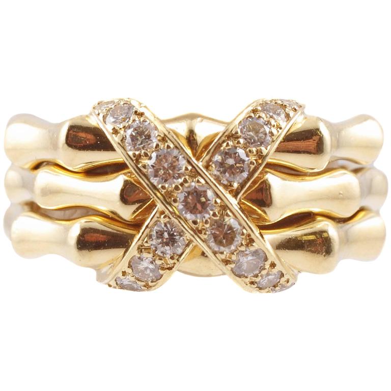 Diamond Yellow Gold X Bamboo Ring at 1stDibs