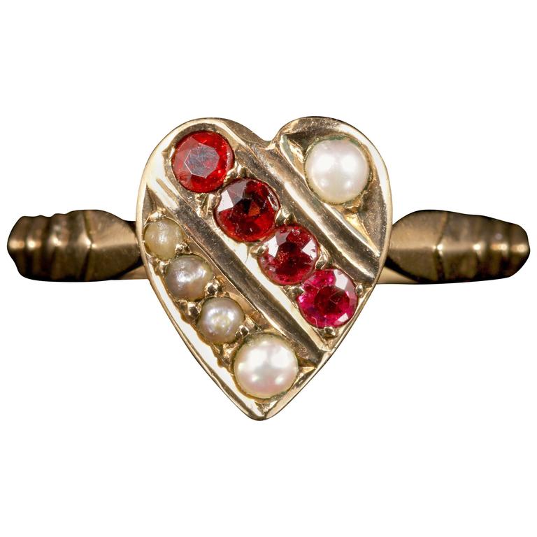 Antique Victorian Ruby Pearl Yellow Gold Heart Ring at 1stDibs