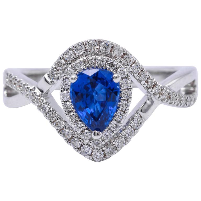 Pear Shape Sapphire Diamond White Gold Engagement Cocktail Ring For ...