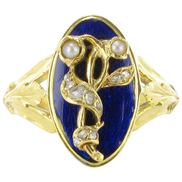 French Napoleon III Blue Enamel Natural Pearl Diamond Antique Ring For ...