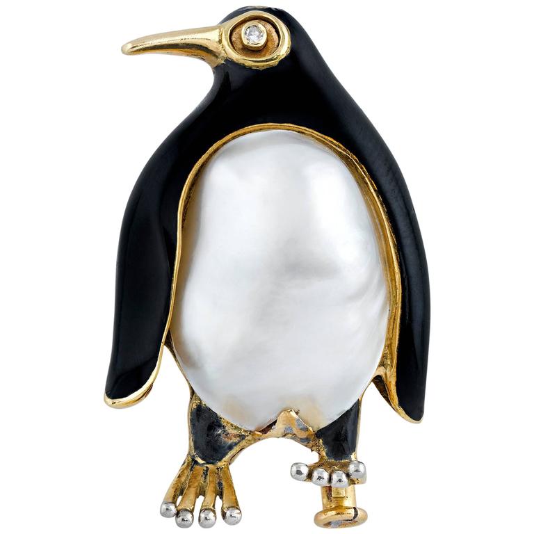 Boucheron Penguin Enamel Pearl Diamond Brooch at 1stDibs