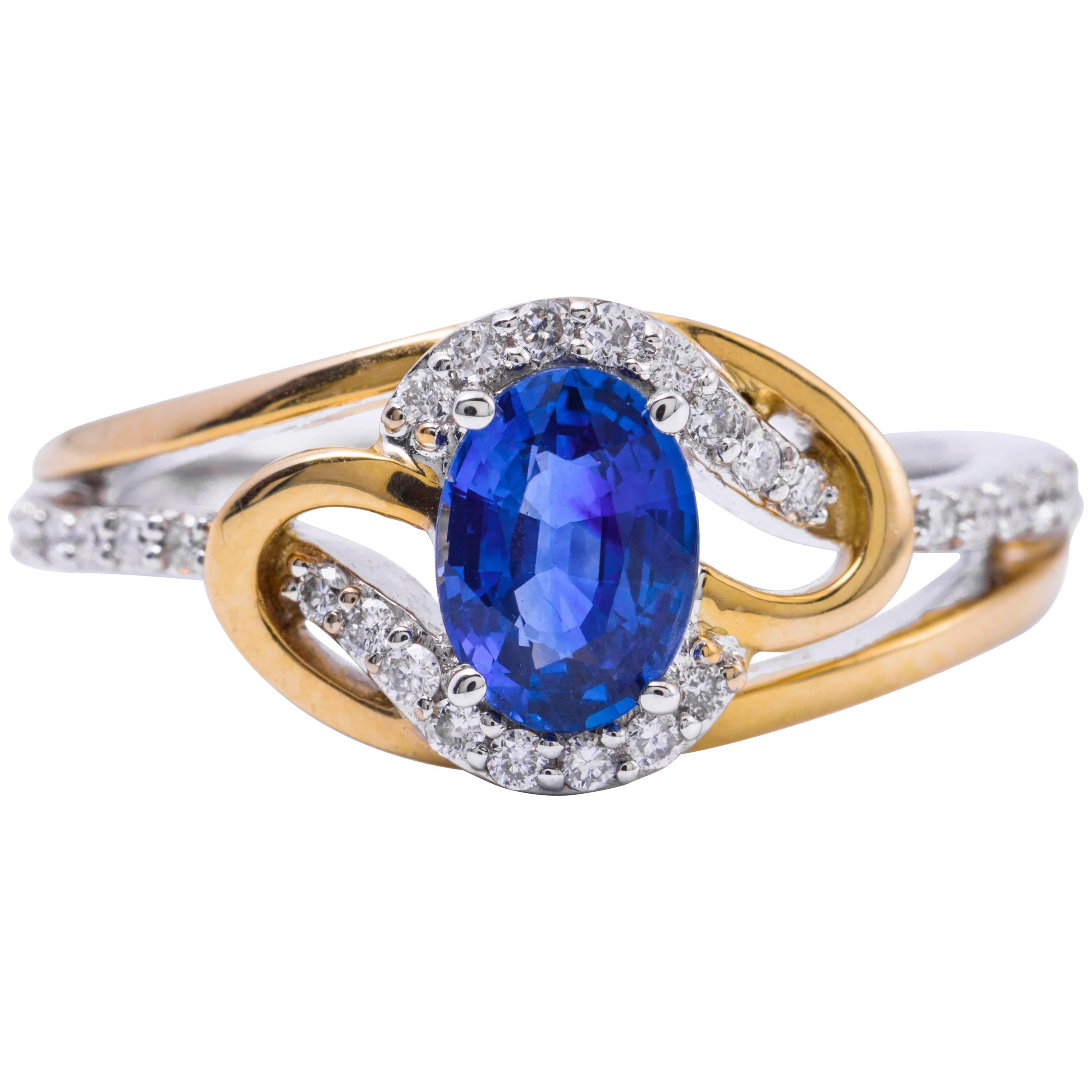 Ceylon Sapphire Diamonds White and Yellow Gold Ring For Sale at 1stDibs ...
