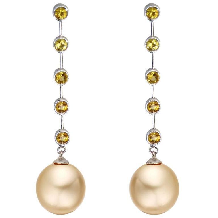 Chrysos Drops - Golden South Sea Pearl Yellow Sapphire Earrings at 1stDibs