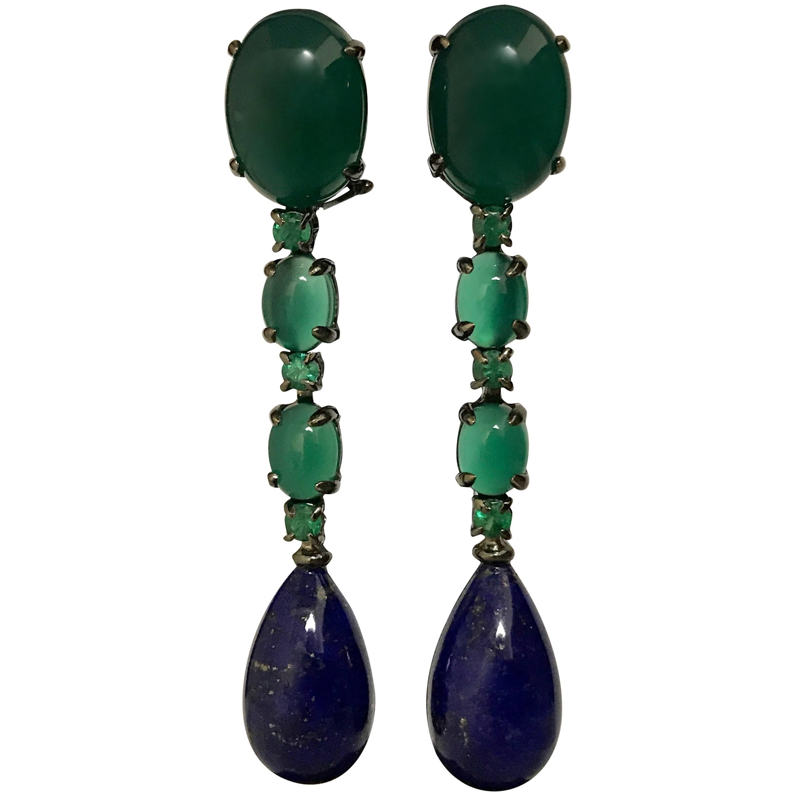 Green Agates Lapis Lazuli Grey Gold Chandelier Earrings For Sale at ...