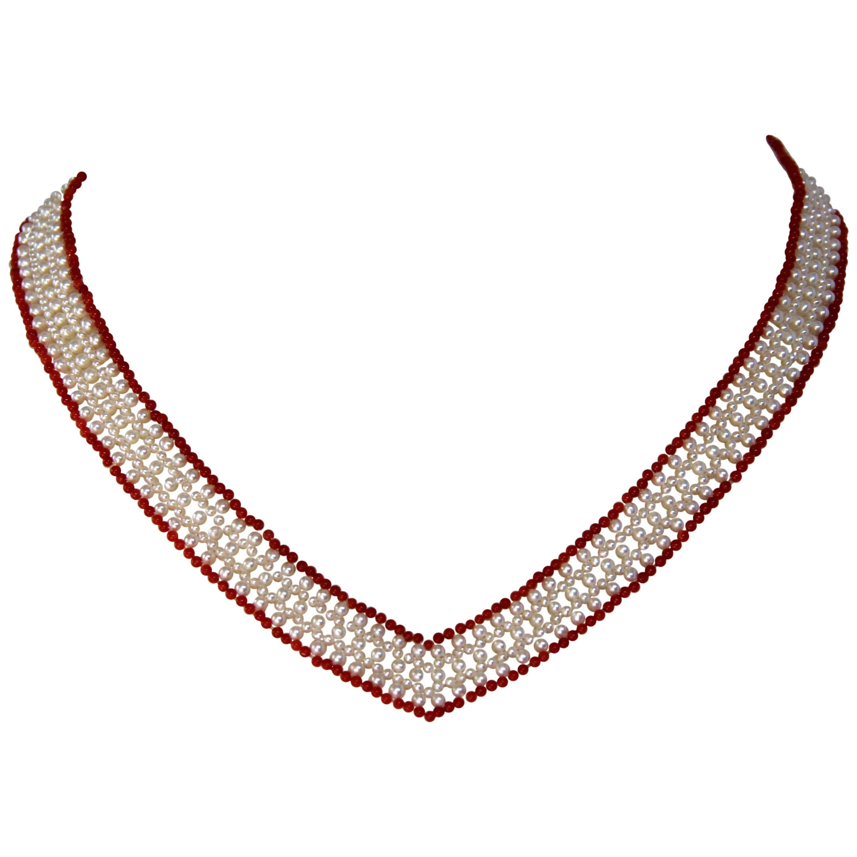 Marina J White Pearls and Red Coral Beads V Shape Necklace with 14 k ...
