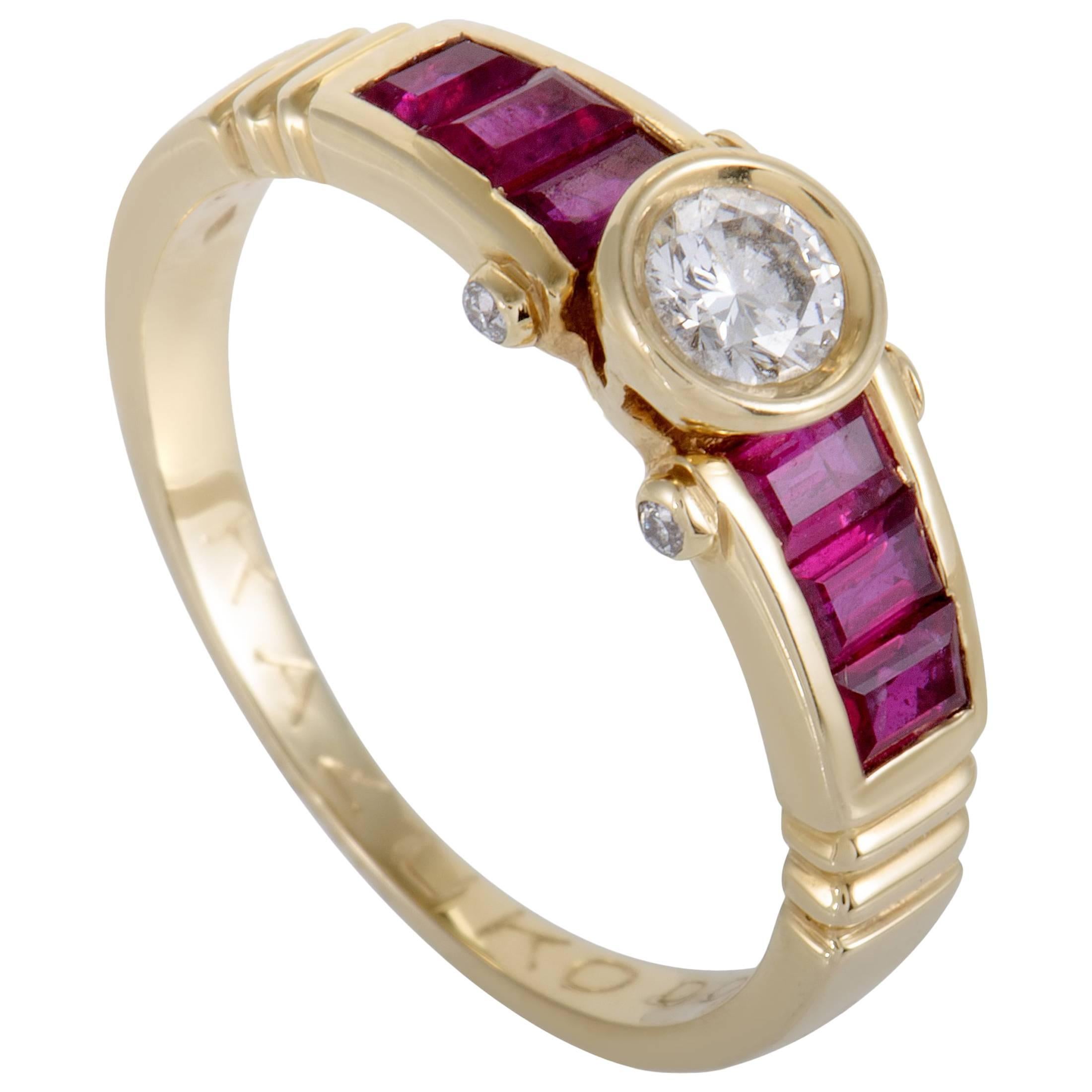 Korloff Diamond Ruby Baguette Yellow Gold Ring at 1stDibs