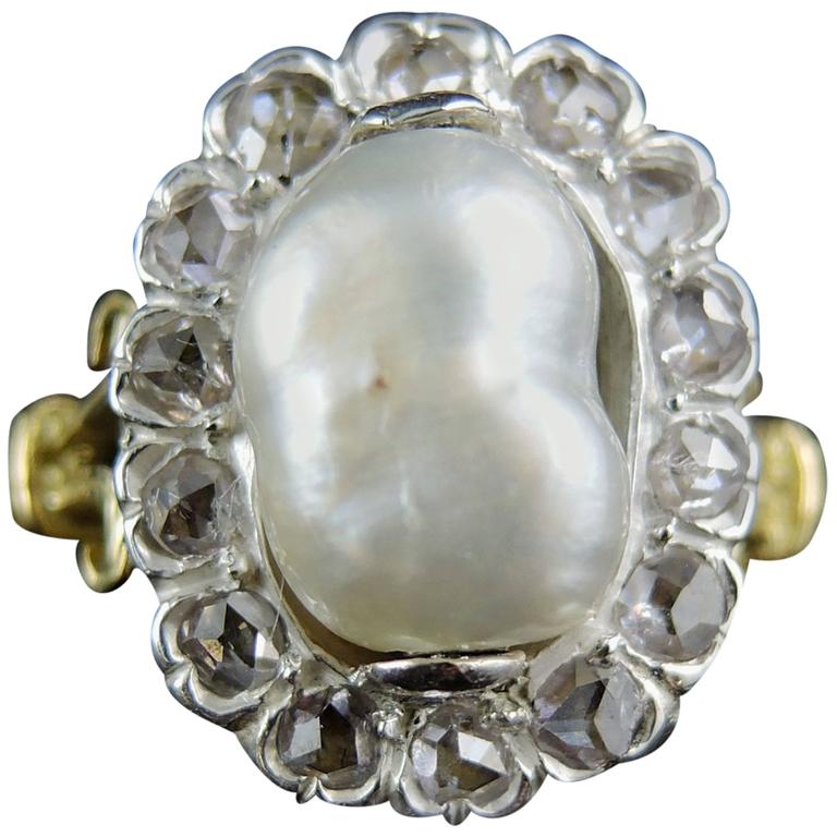 Antique 19th Century Baroque French Natural Pearl Diamond Silver Gold ...