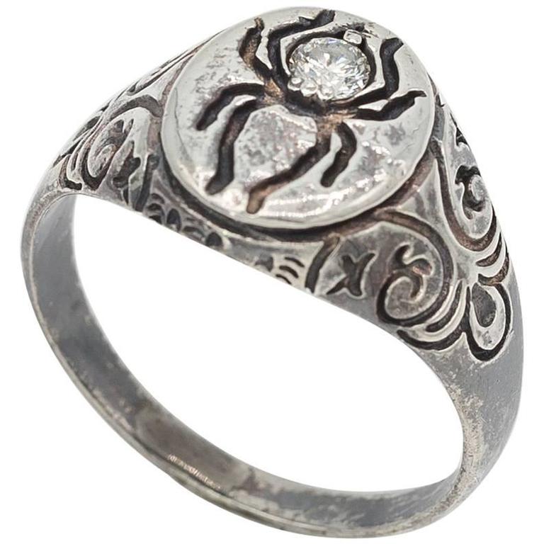 Diamond Sterling Silver Spider Signet Ring For Sale at 1stDibs
