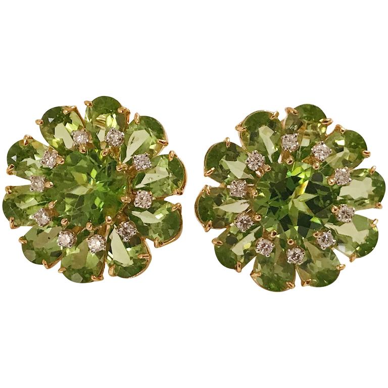 Peridot Diamonds Gold Flower Earrings For Sale at 1stDibs | peridot flower