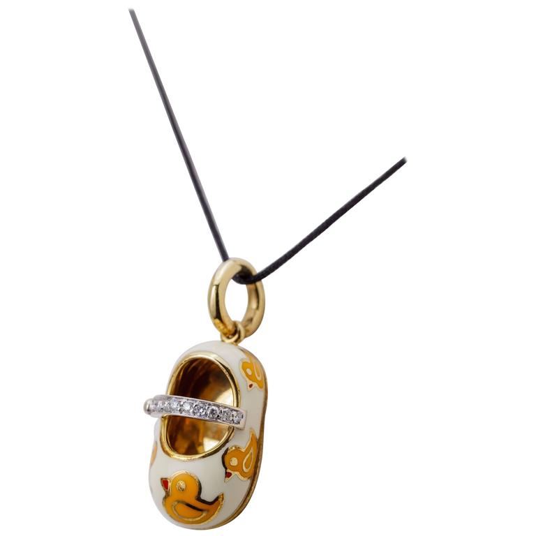 Aaron Basha Gold Enamel 0.07 Carat Diamonds Baby Duck Shoe Dangle Charm ...