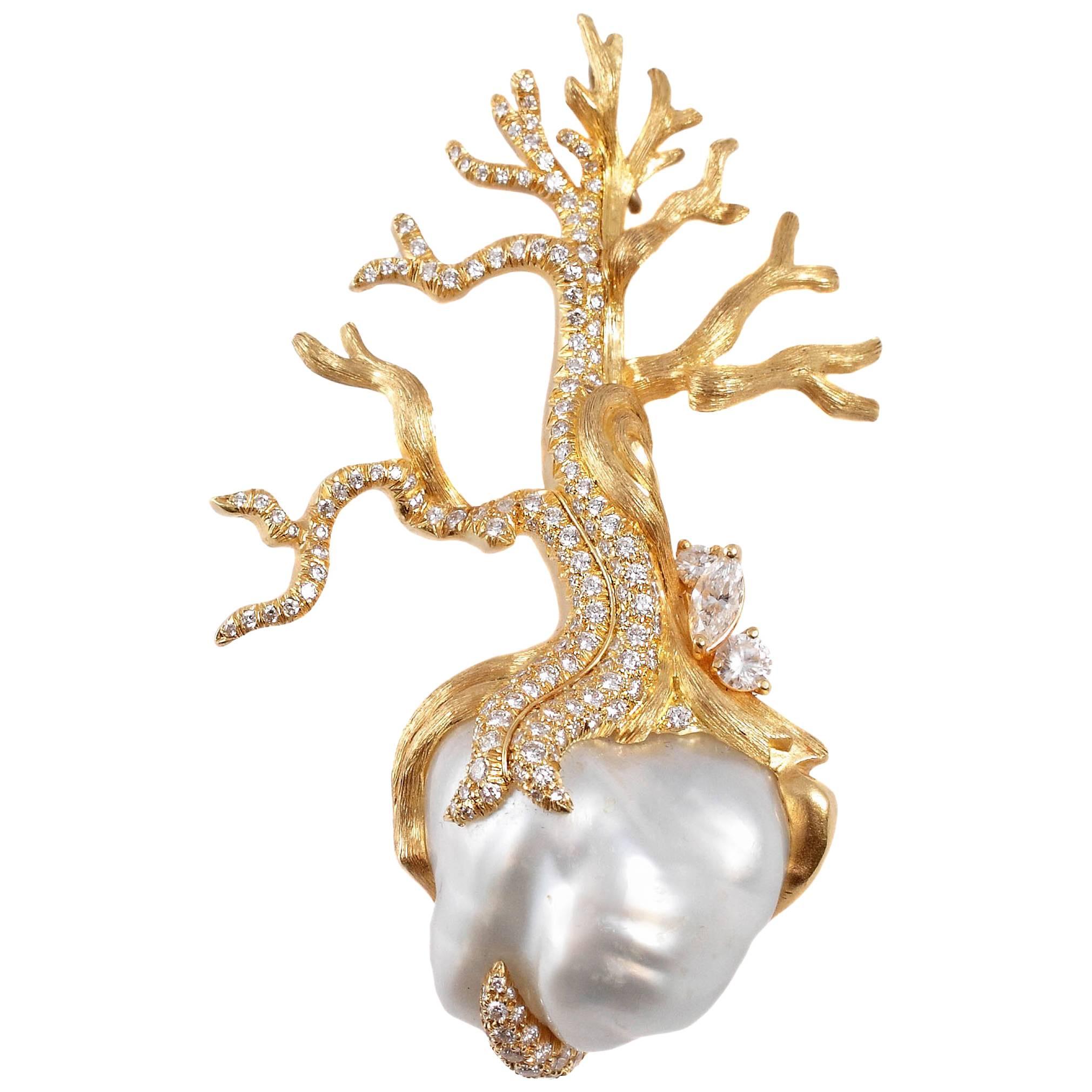 Henry Dunay South Sea Baroque Pearl Diamond Gold Winter Pin For Sale at ...
