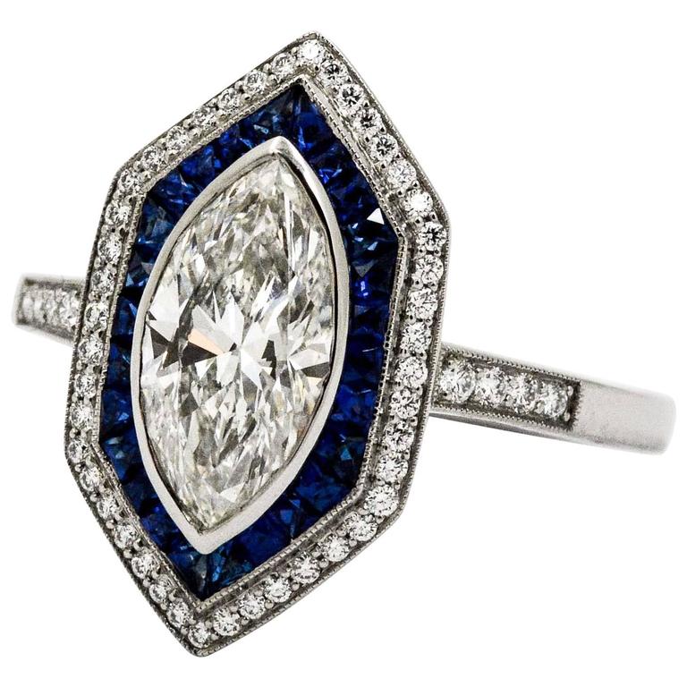 Modern Sapphire 1.22 carat Diamond Platinum Engagement Art Deco Style ...