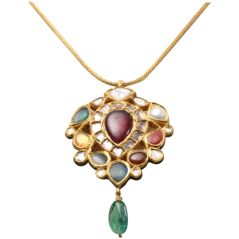 Magnificent Reversible Indian Nava Ratna Gold Pendant Necklace at 1stDibs