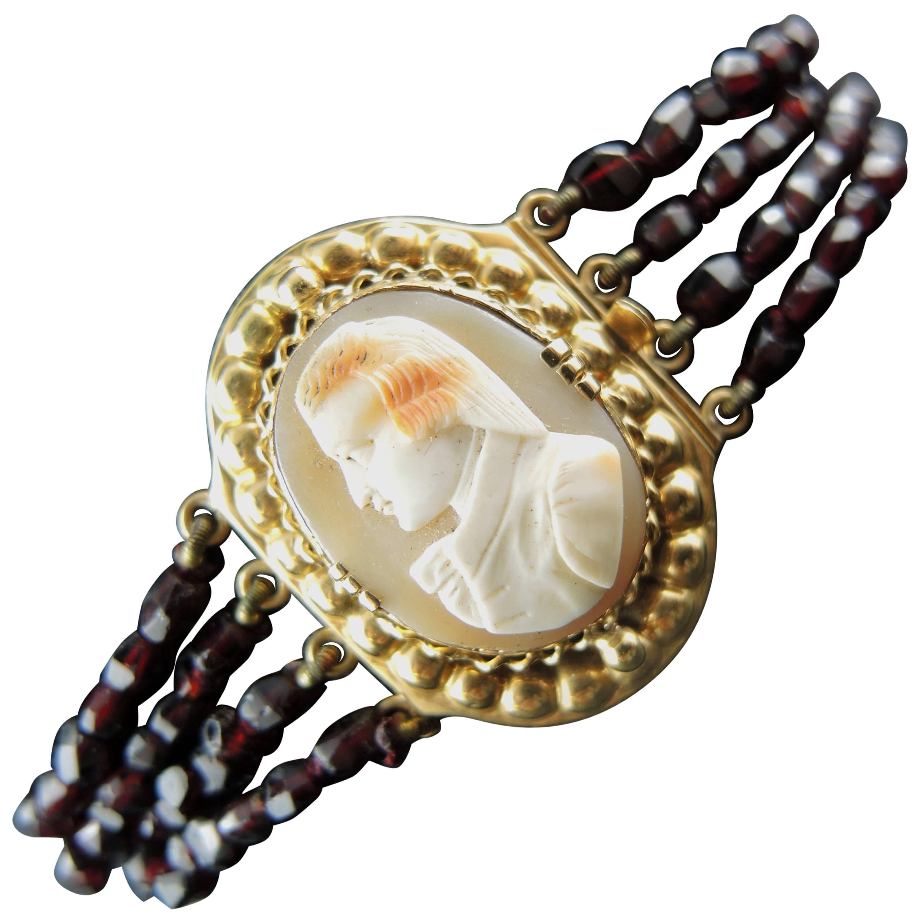 Antique French Gold Bracelet with Shell Cameo and Garnet Strands, 19th ...