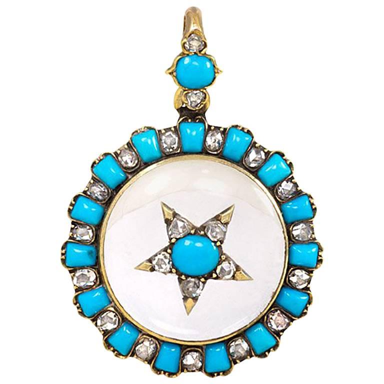 Antique Crystal Turquoise Diamond Gold Locket Pendant with Star Center ...