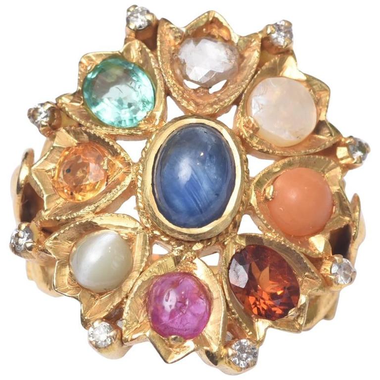 Fabulous Gold Nava Ratna Ring with Precious Stones at 1stDibs