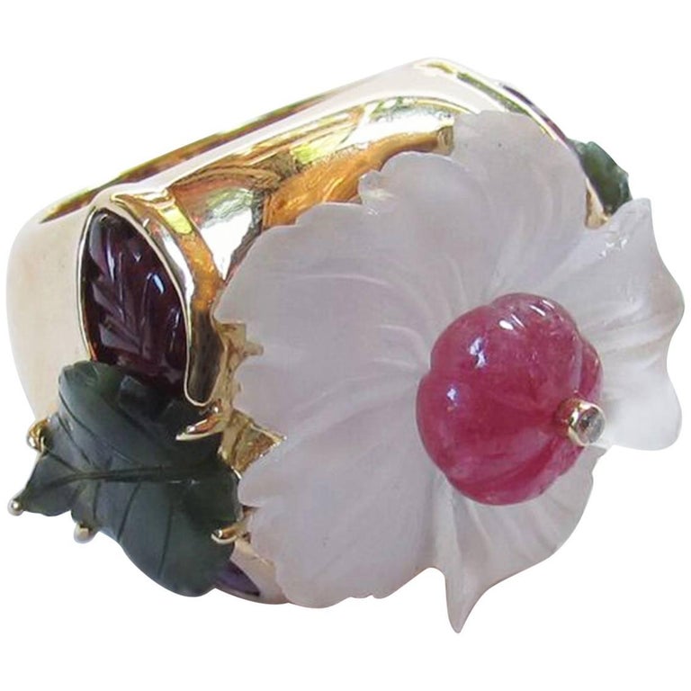 17 Carat Crystal Ruby Jade Diamond Tony Duquette Statement Gold Ring ...