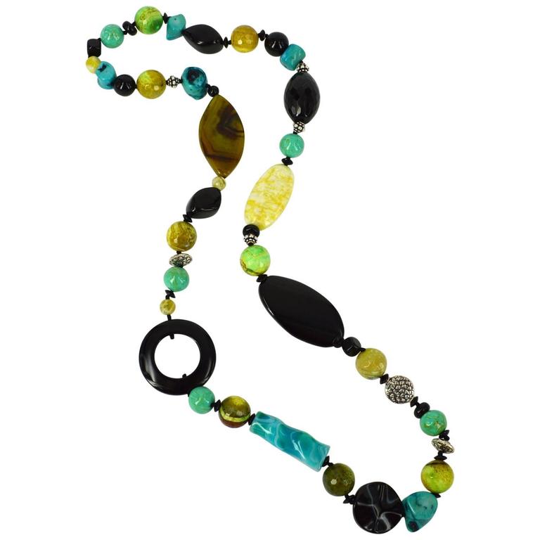 Jade Agate Coral Onyx Silver Necklace at 1stDibs