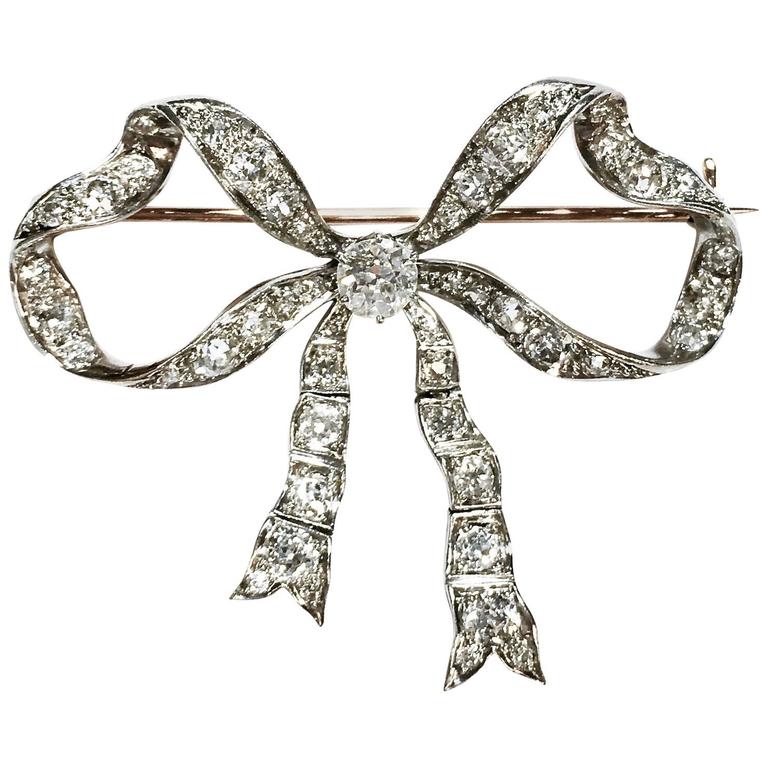 Victorian 3 Carat Diamond Bow Pin at 1stDibs