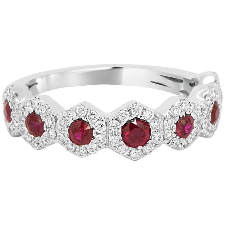 Ruby Round Diamond Halo Gold Stackable Fashion Band Ring at 1stDibs