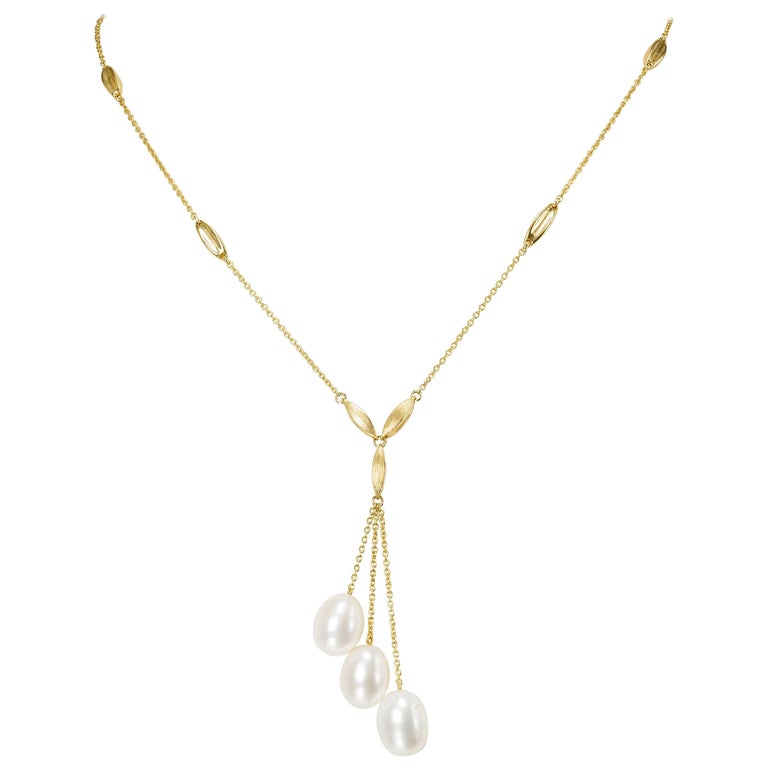 Yvel Freshwater 3 Keshi Pearl Drop Necklace Pendant 18 Karat Yellow