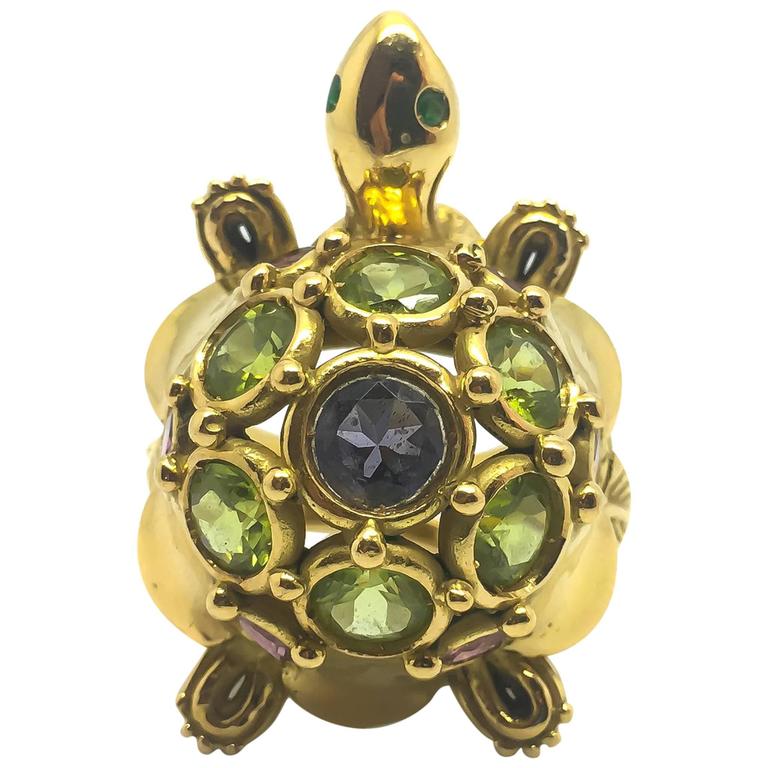 Multi Gem Set Gold Turtle Ring For Sale at 1stDibs