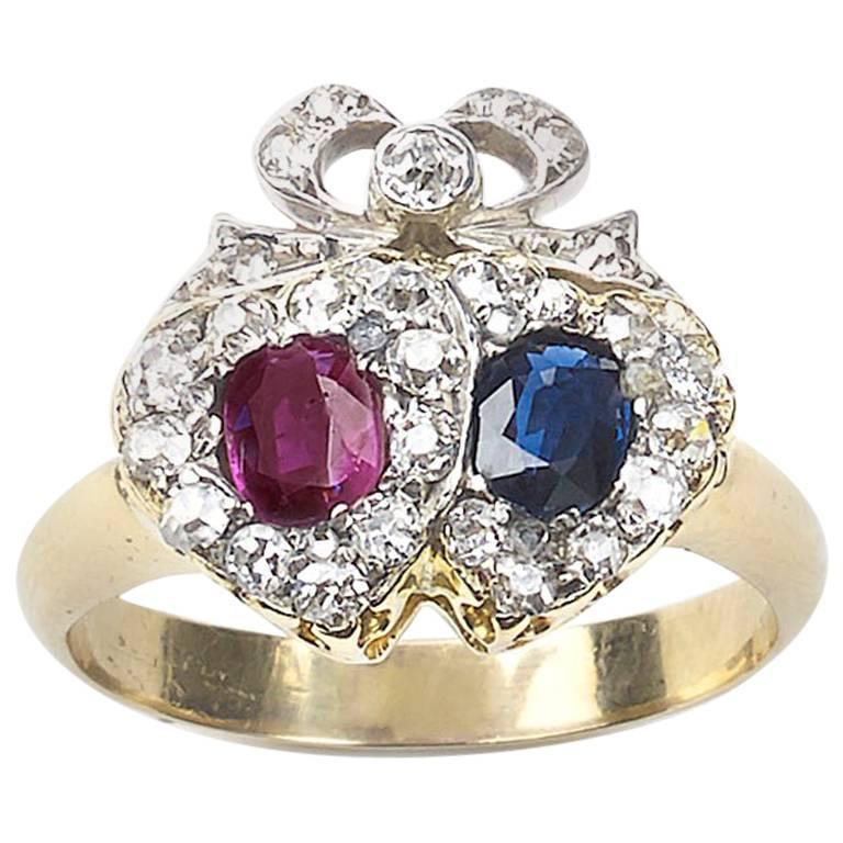 Sapphire Ruby Diamond Double Heart Ring at 1stDibs