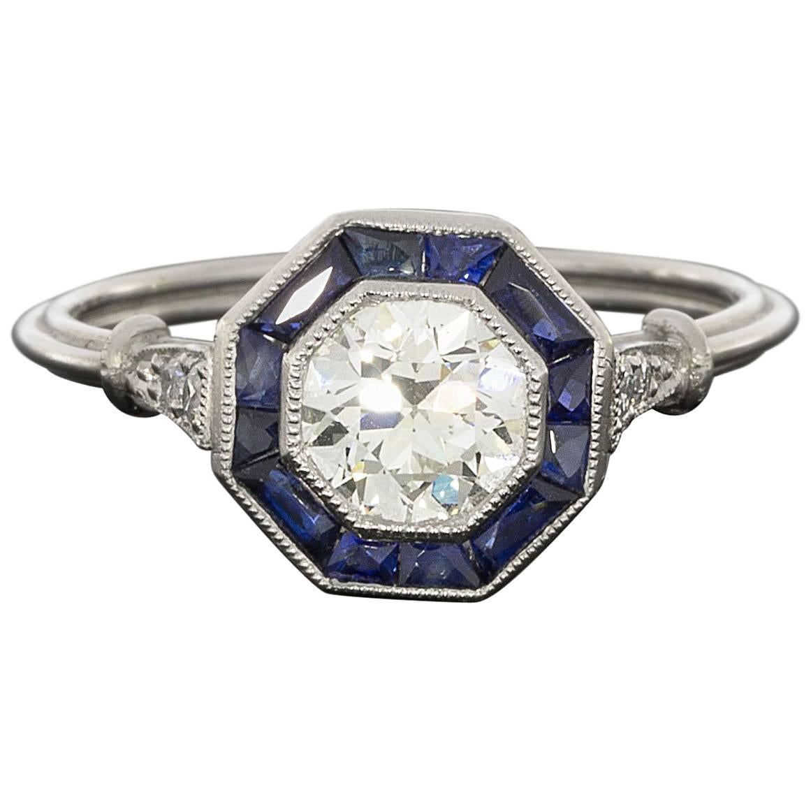Old European Cut Diamond Sapphire Halo Octagon Engagement Ring at ...