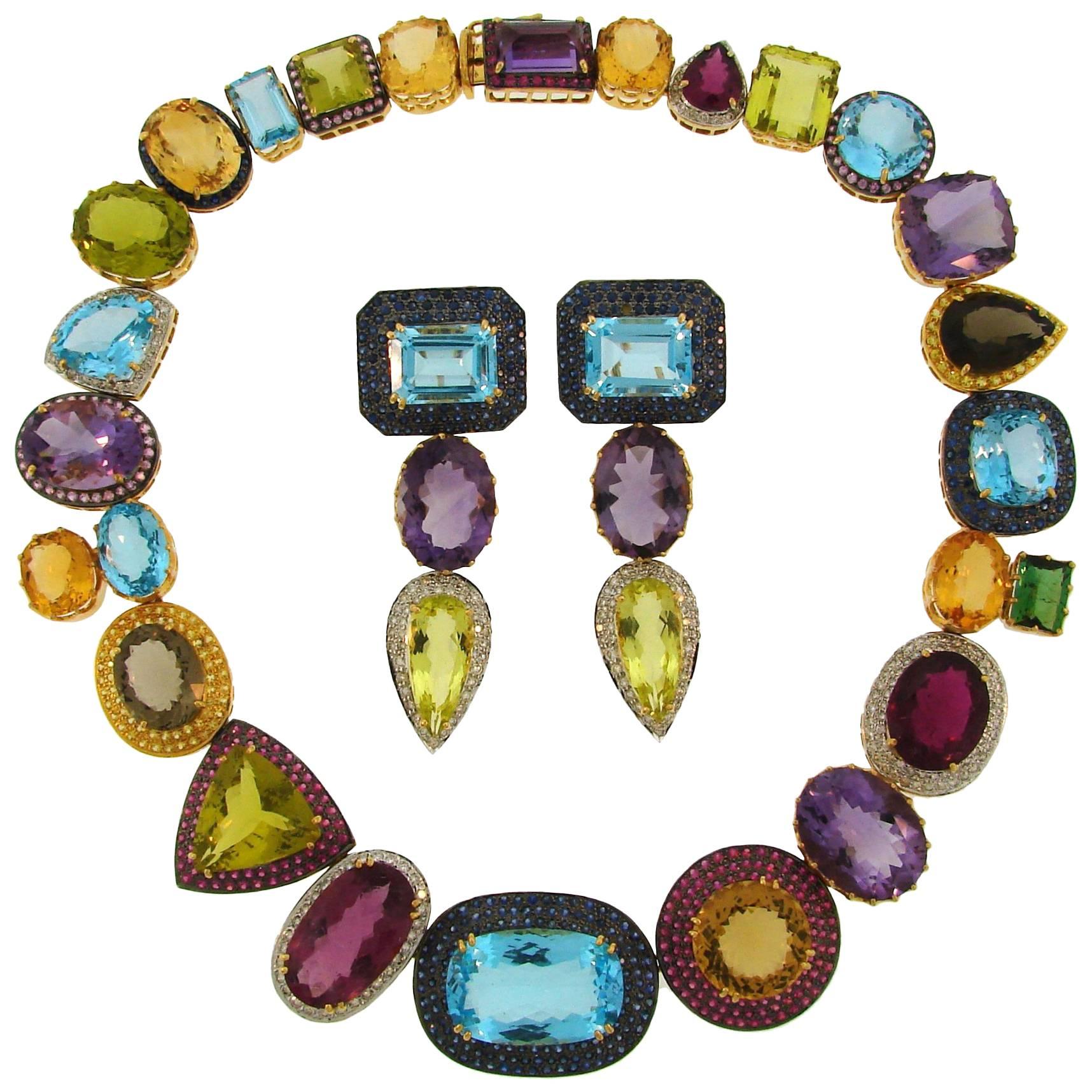 Multi-Colored Gemstones Yellow Gold Necklace and Earrings Set For Sale ...