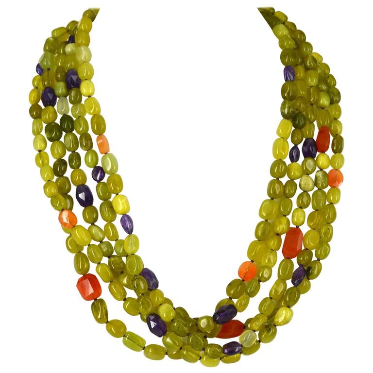 Five Strand Korean Jade Amethyst Carnelian Gold Necklace For Sale at ...