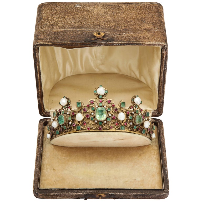 19th Century Austro-Hungarian Emerald Ruby Pearl Tiara at 1stDibs