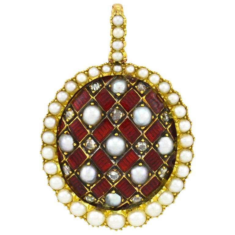 Victorian Gold and Red Enamel Pendant with Rose Cut Diamonds and Pearls ...