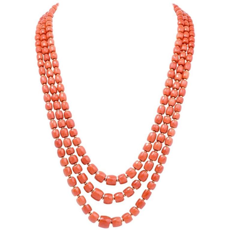 Triple Strand Red Natural Coral Gold Beads Necklace For Sale At 1stdibs