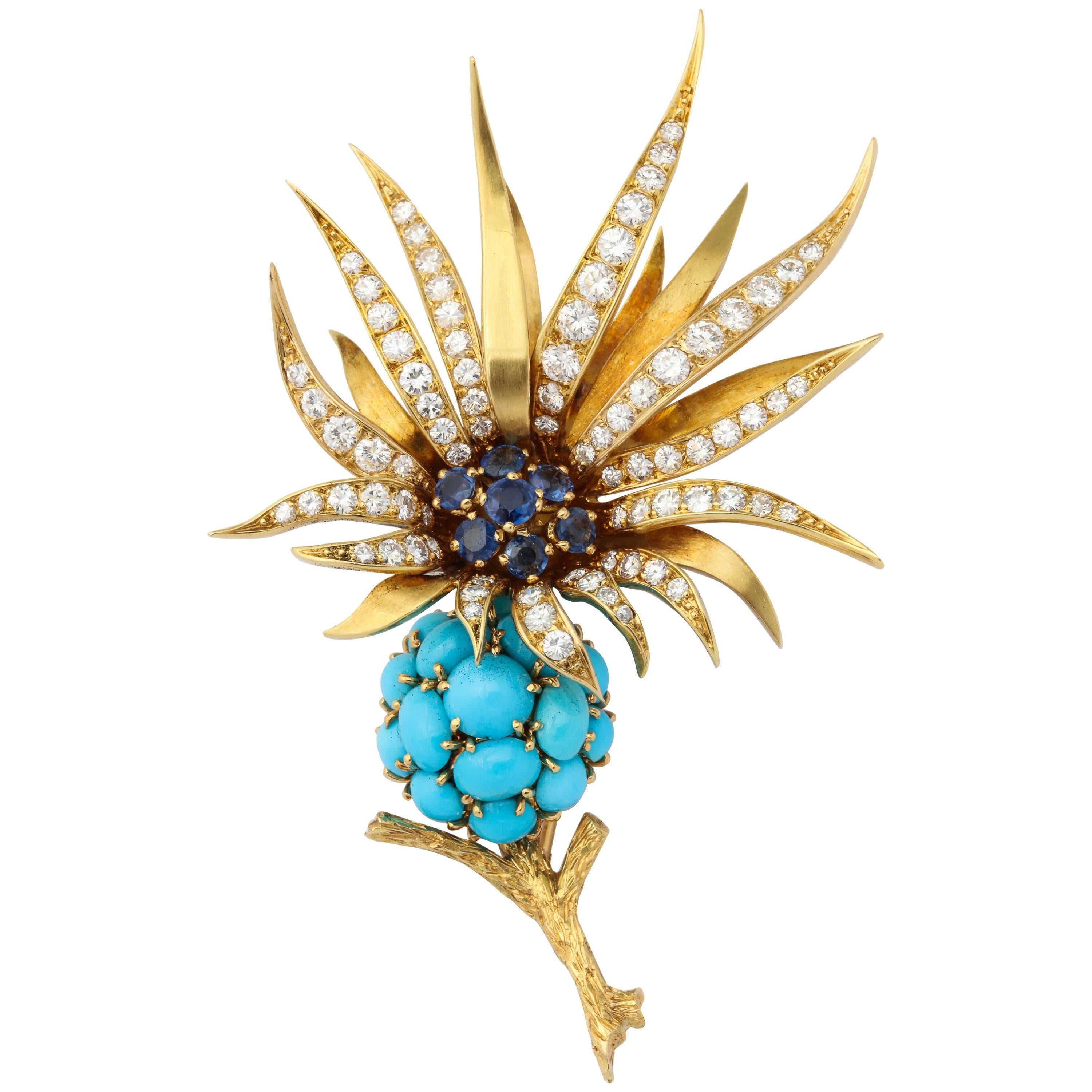 Pierre Sterle Turquoise Sapphire Diamond Gold Brooch For Sale at 1stDibs