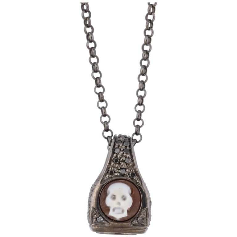 Amedeo Cameo Black Diamonds Miniature Skull Necklace For Sale at 1stDibs