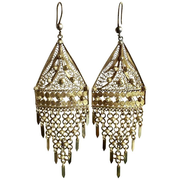 Genoese Italian Filigree Silver Gilt Dangle Earrings at 1stDibs