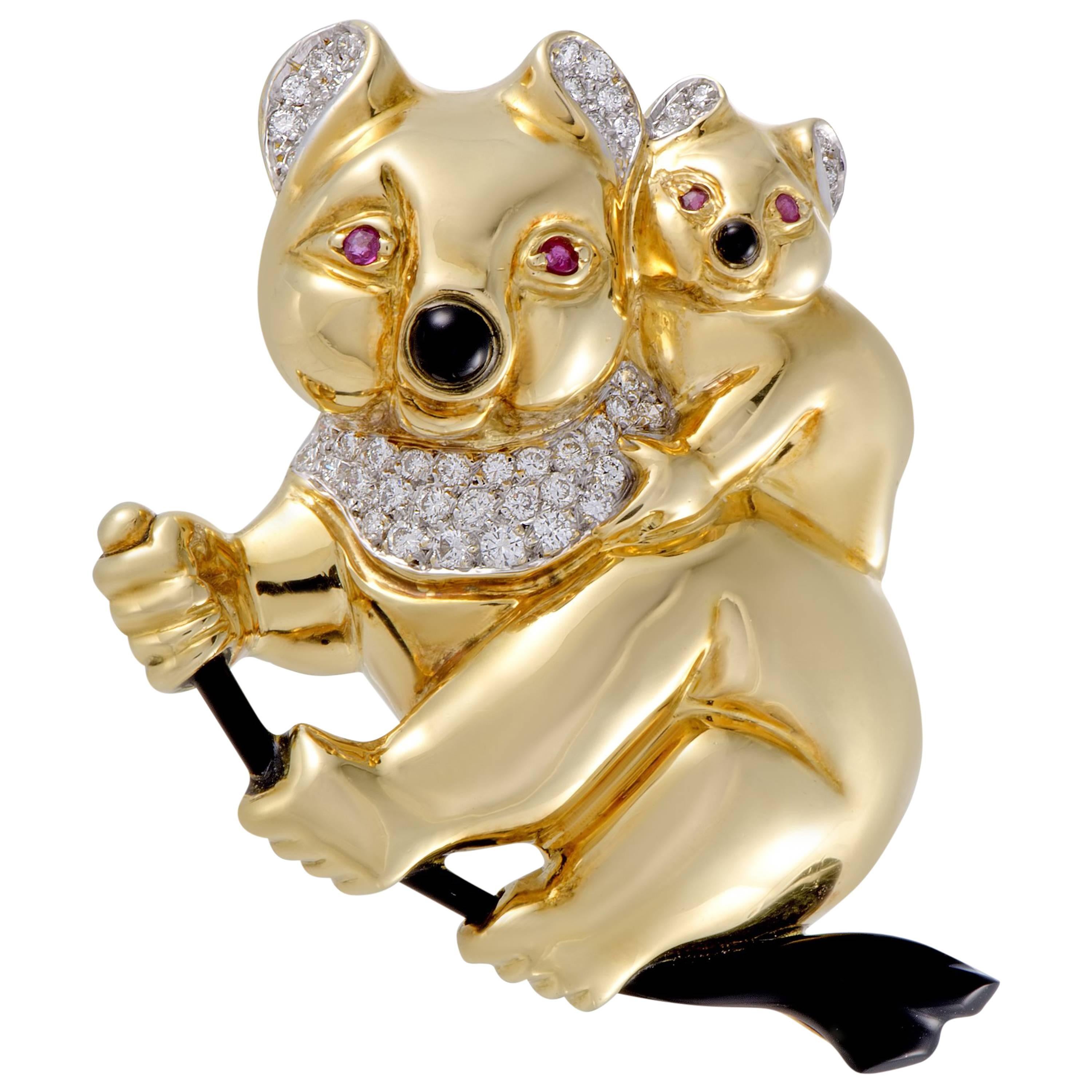 Cellini Diamond Ruby and Onyx Yellow Gold Koala Bears Brooch at 1stDibs
