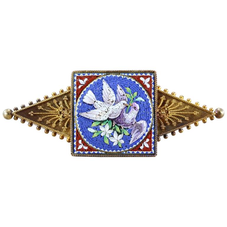 Victorian Italian Dove Micro Mosaic Gold Brooch at 1stDibs