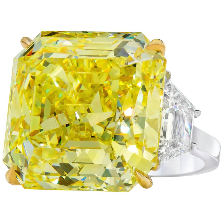 GIA Certified 30.02 Carat Fancy Intense Yellow Diamond Three-Stone Ring ...