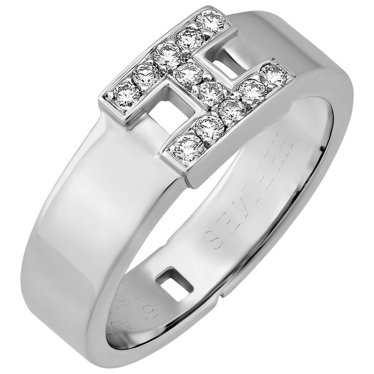 Hermes 18K White Gold Diamond H Ring Size: 5.75 For Sale at 1stdibs