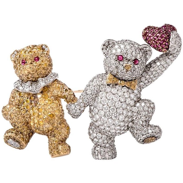 Teddy Bears Picnic Fancy Yellow White Diamond Brooch at 1stDibs